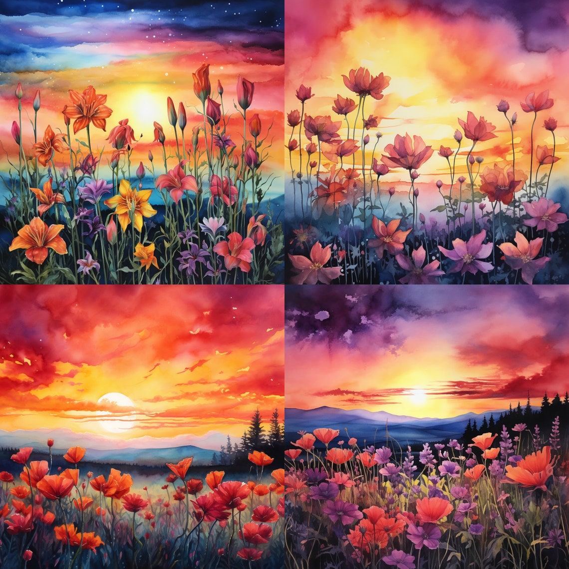 24 Watercolor Sunset Floral Clipart, Watercolor Flowers Clipart, High ...