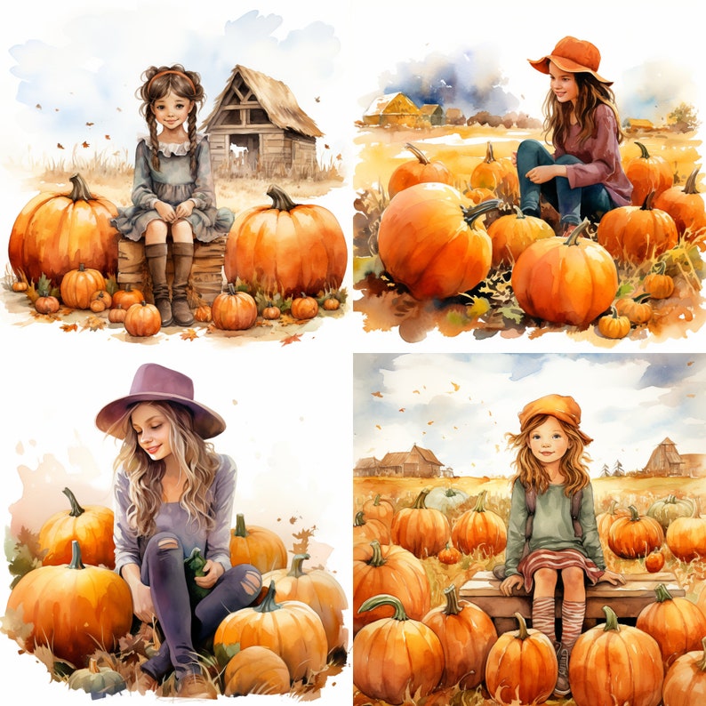 19 Watercolor Pumpkin Patch Girl Clipart, Clipart, PNG, Autumn Girl ...