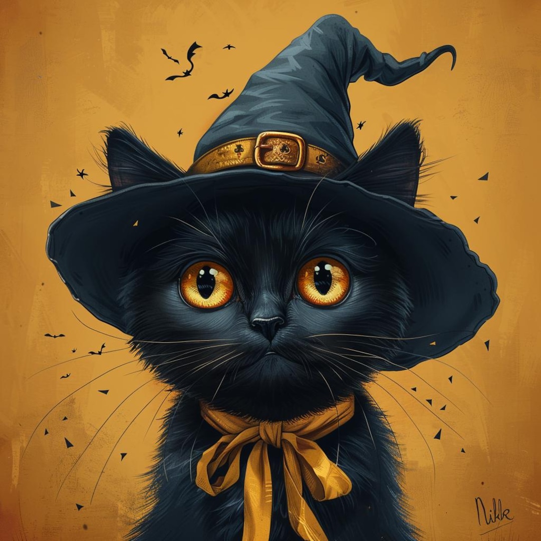 28 Cute Black Cat in Witch Hat Clipart, Halloween Cat Illustration ...