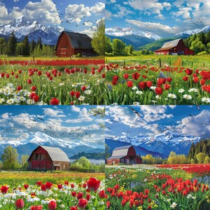 24 Scenic Farm Spring Flowers Clipart, Farmhouse in Spring, Mountain ...