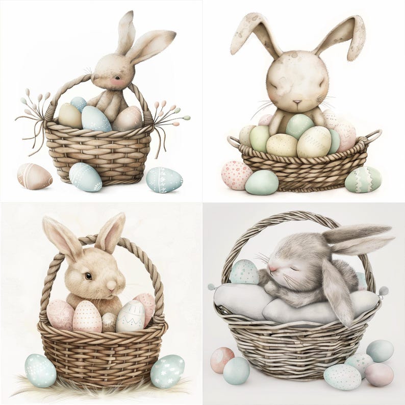 24 Cute Easter Bunny Clipart, Watercolor Rabbit With Eggs Art, Spring ...