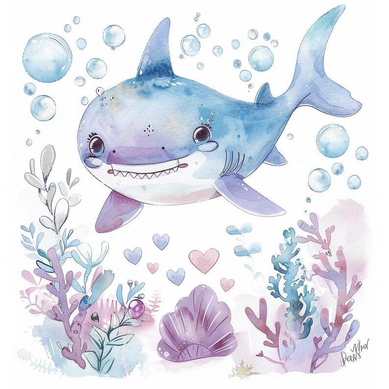 24 Cute Baby Shark Clipart, Underwater Ocean Theme Graphics, Pink Blue ...