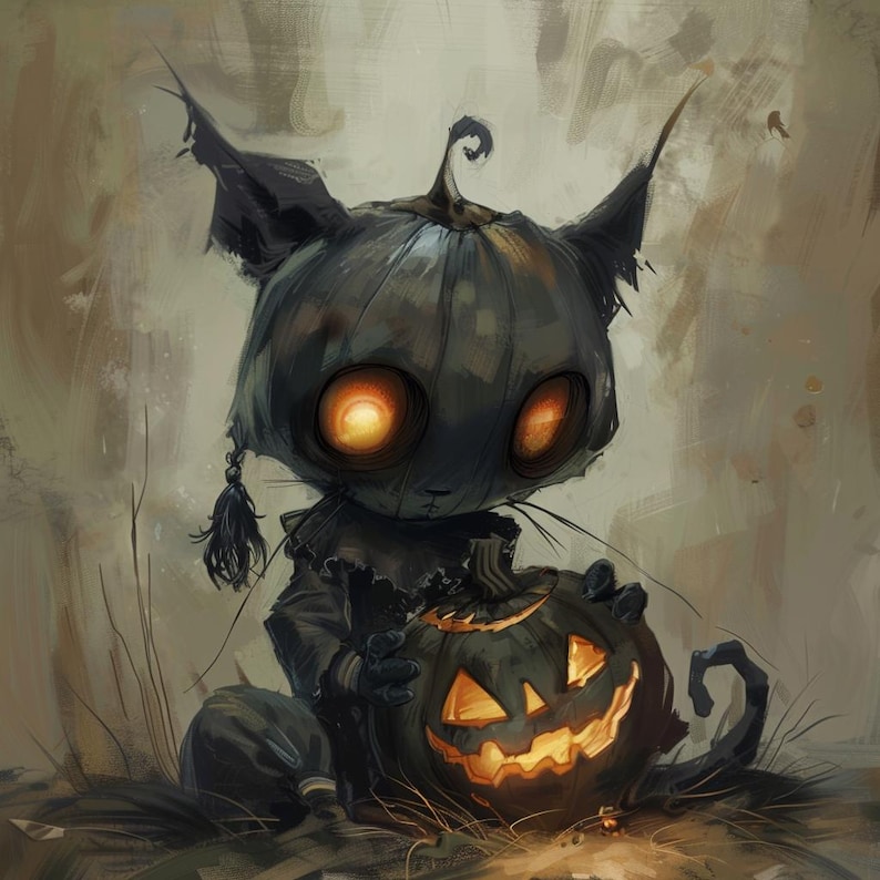 Halloween Black Cat Witch Clipart, Spooky Pumpkin Illustration (digital ...