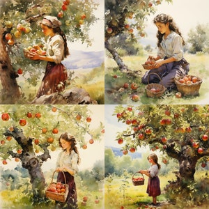 20 Watercolor Girl Picking Apples Clipart, Clipart, PNG, Autumn Girl ...