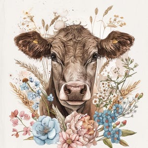 24 Cute Cow With Flowers Clipart, Farm Animal Digital Download, Rustic ...