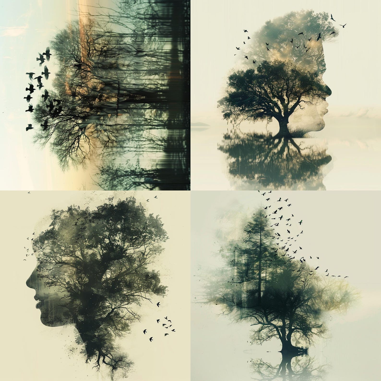 Tree of Thoughts Clipart, Woman Profile Art, Birds (digital Download ...