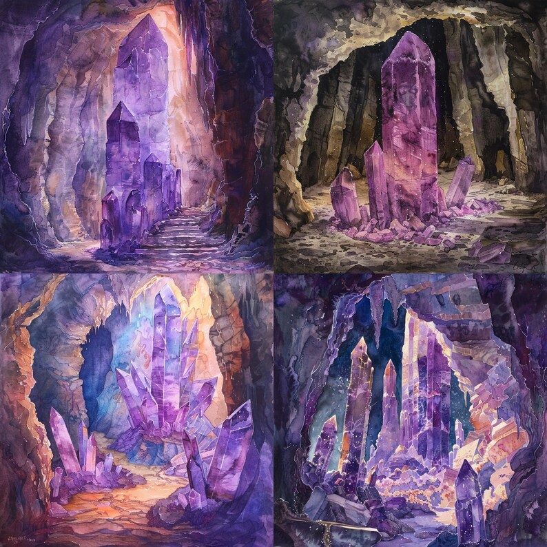 20 Purple Crystal Cave Watercolor Clipart, Mystical Fantasy Scene ...