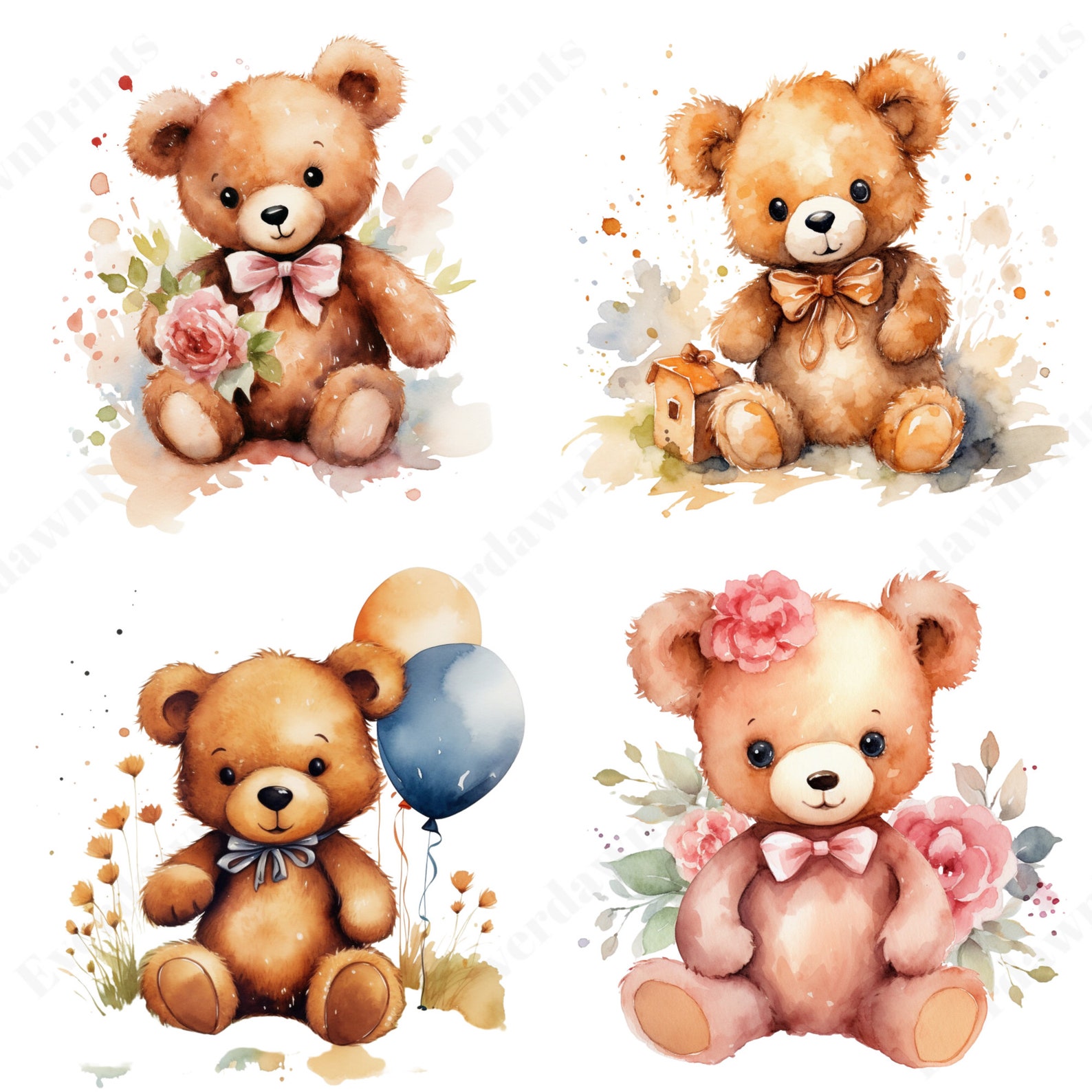 31 Teddy Bear Watercolor Clipart Volume 2, Transparent PNG, Bear Baby ...