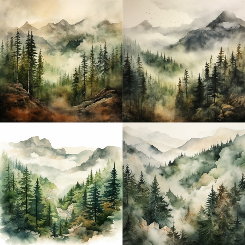 36 Misty Mountain Forest Landscape, Watercolor Forest Background, High ...