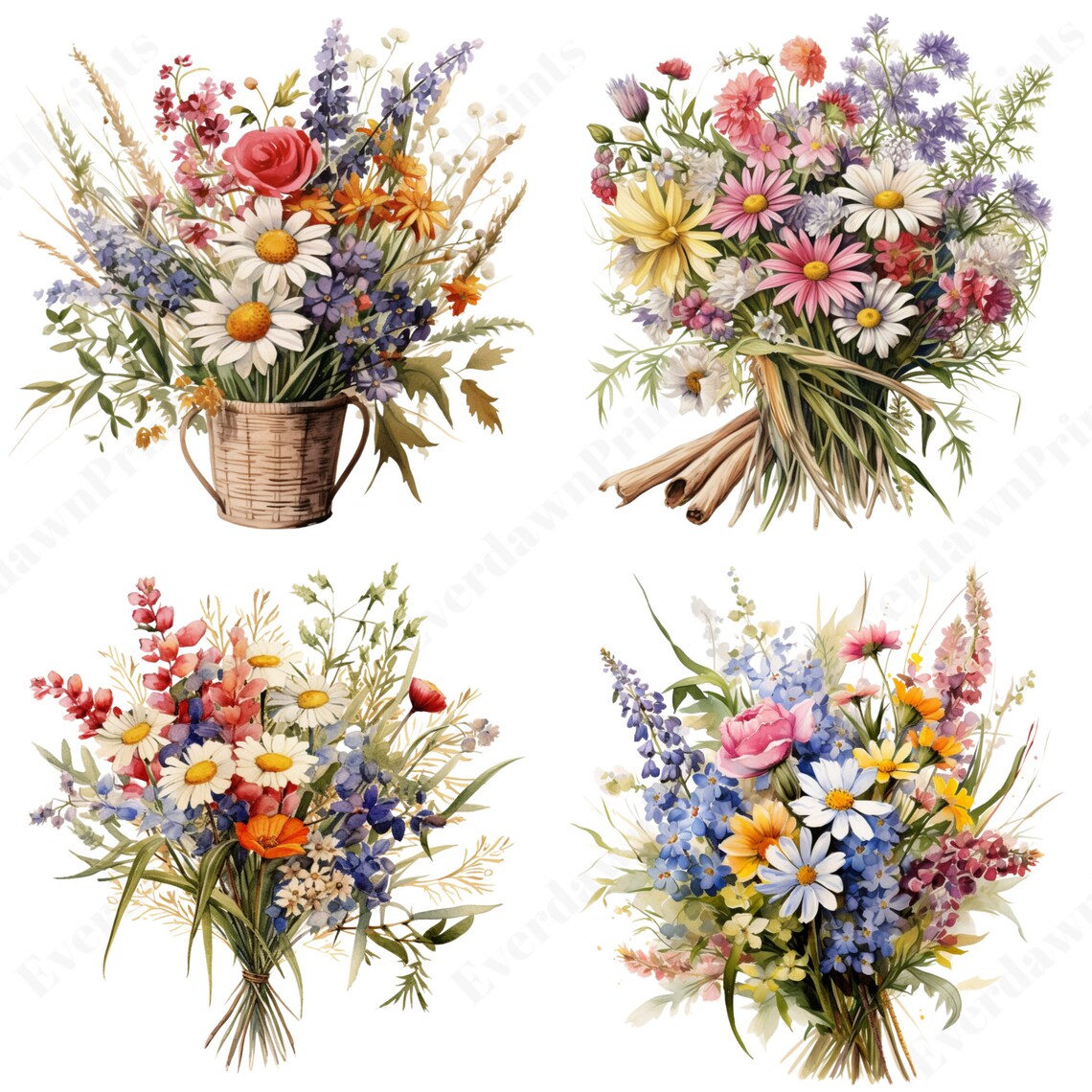 23 Rustic Flowers Bouquets Clipart, Wild Flowers Clipart, Dried Grass ...