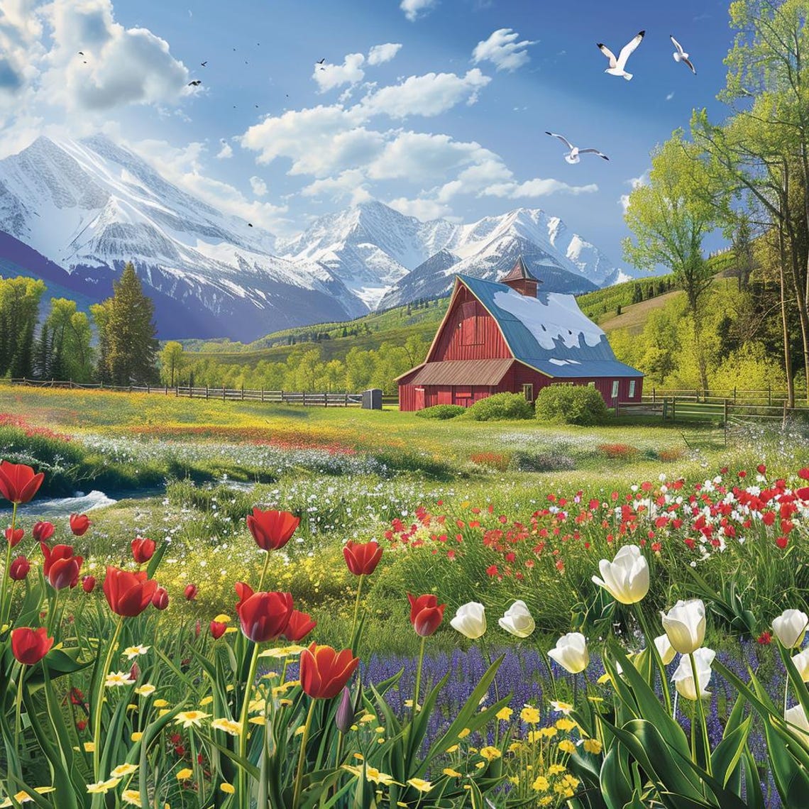 24 Scenic Farm Spring Flowers Clipart, Farmhouse in Spring, Mountain ...
