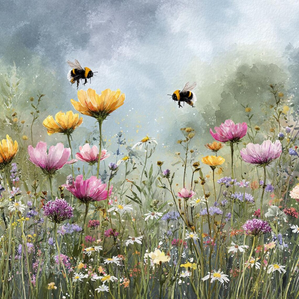 24 Bees and Flowers Clipart, Watercolor Meadow Clipart, Floral Graphics ...