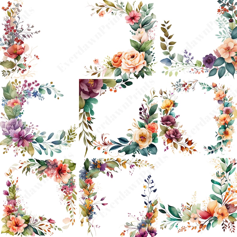 87 Watercolor Floral Borders Set 2, Wild Floral Clipart, High Quality ...