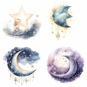 24 Celestial Moon Star Clipart, Watercolor Moon and Stars PNG, Astral ...