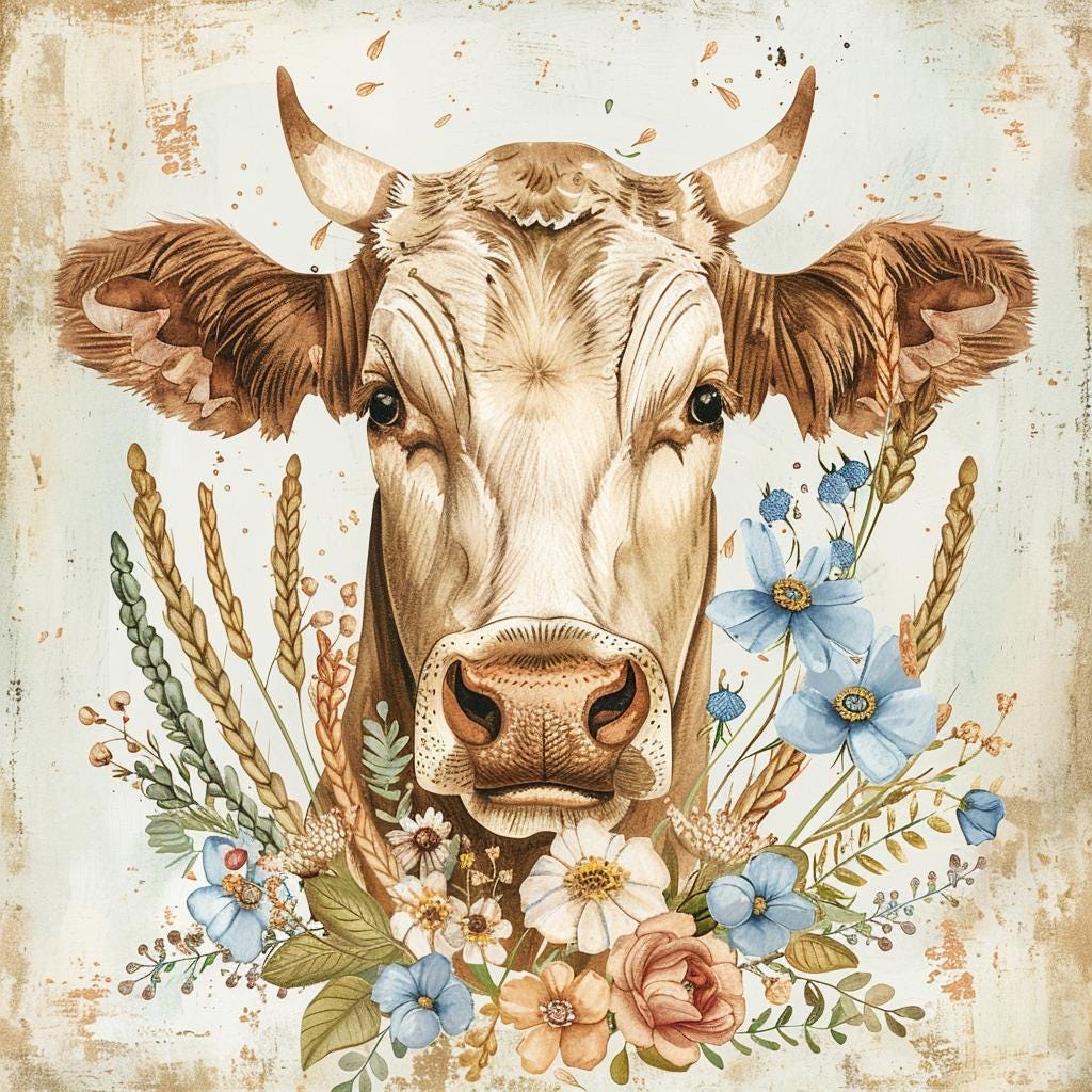 24 Cute Cow With Flowers Clipart, Farm Animal Digital Download, Rustic ...