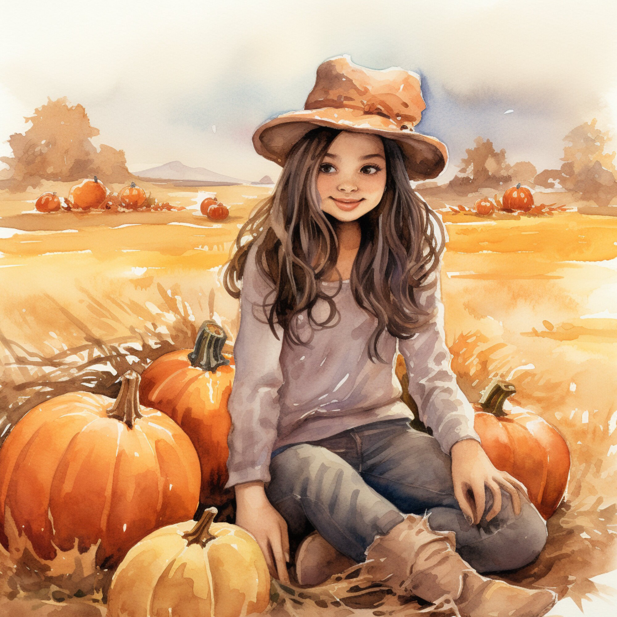 19 Watercolor Pumpkin Patch Girl Clipart, Clipart, PNG, Autumn Girl ...
