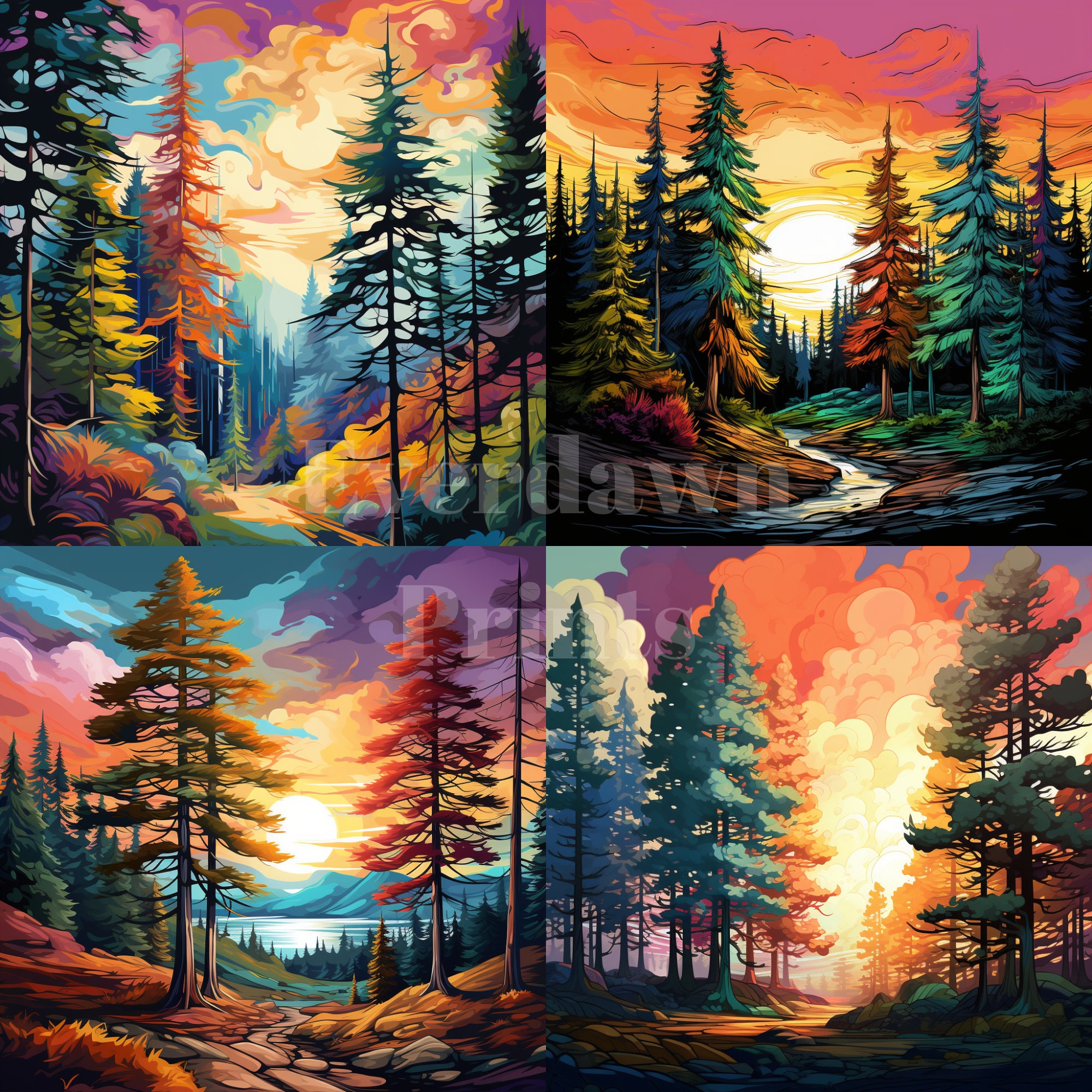 32 Colorful Pine Trees Watercolor Clipart Watercolor Forest Background ...