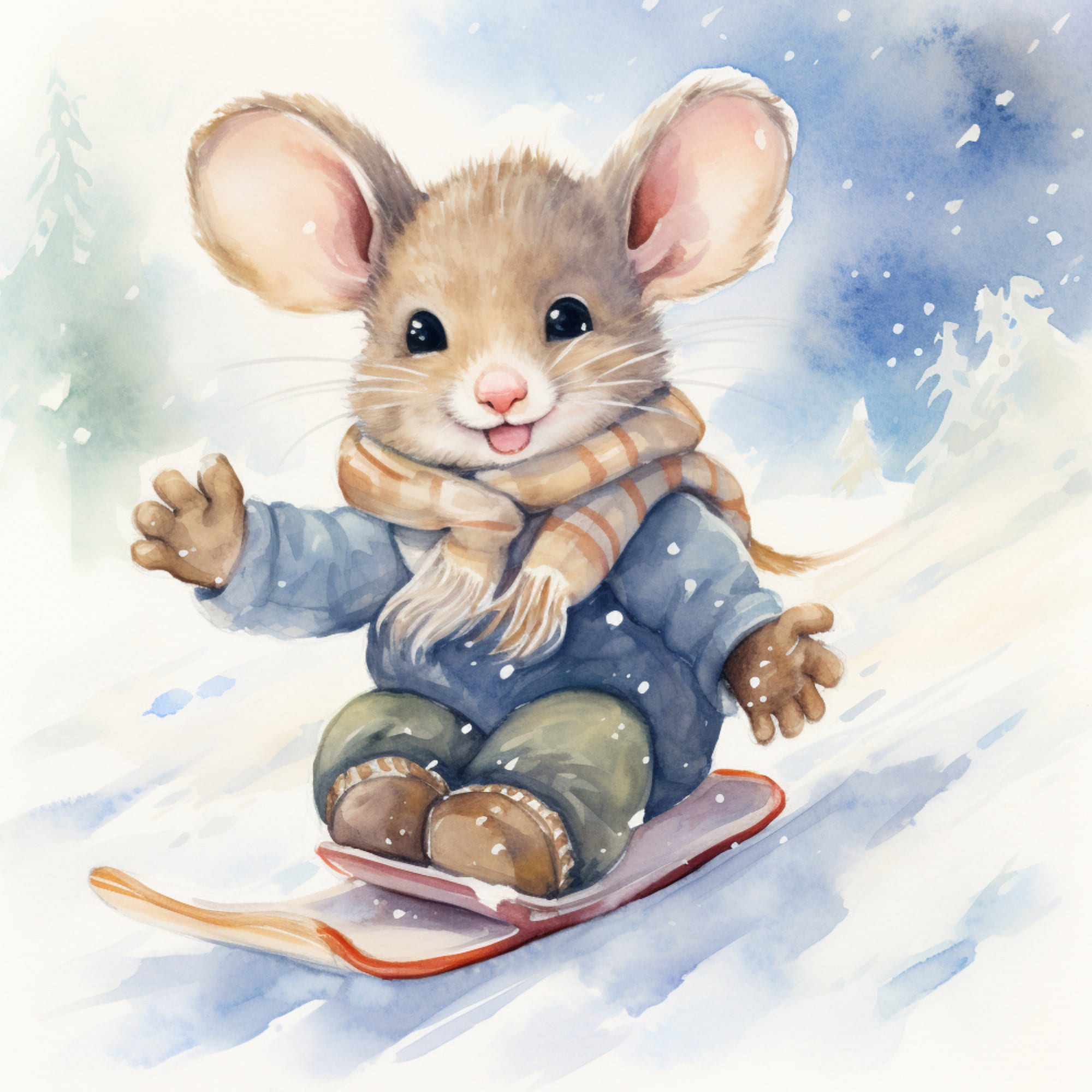 19 Sledding Mouse Watercolor Clipart, PNG, 300 Dpi, Mouse Clipart ...