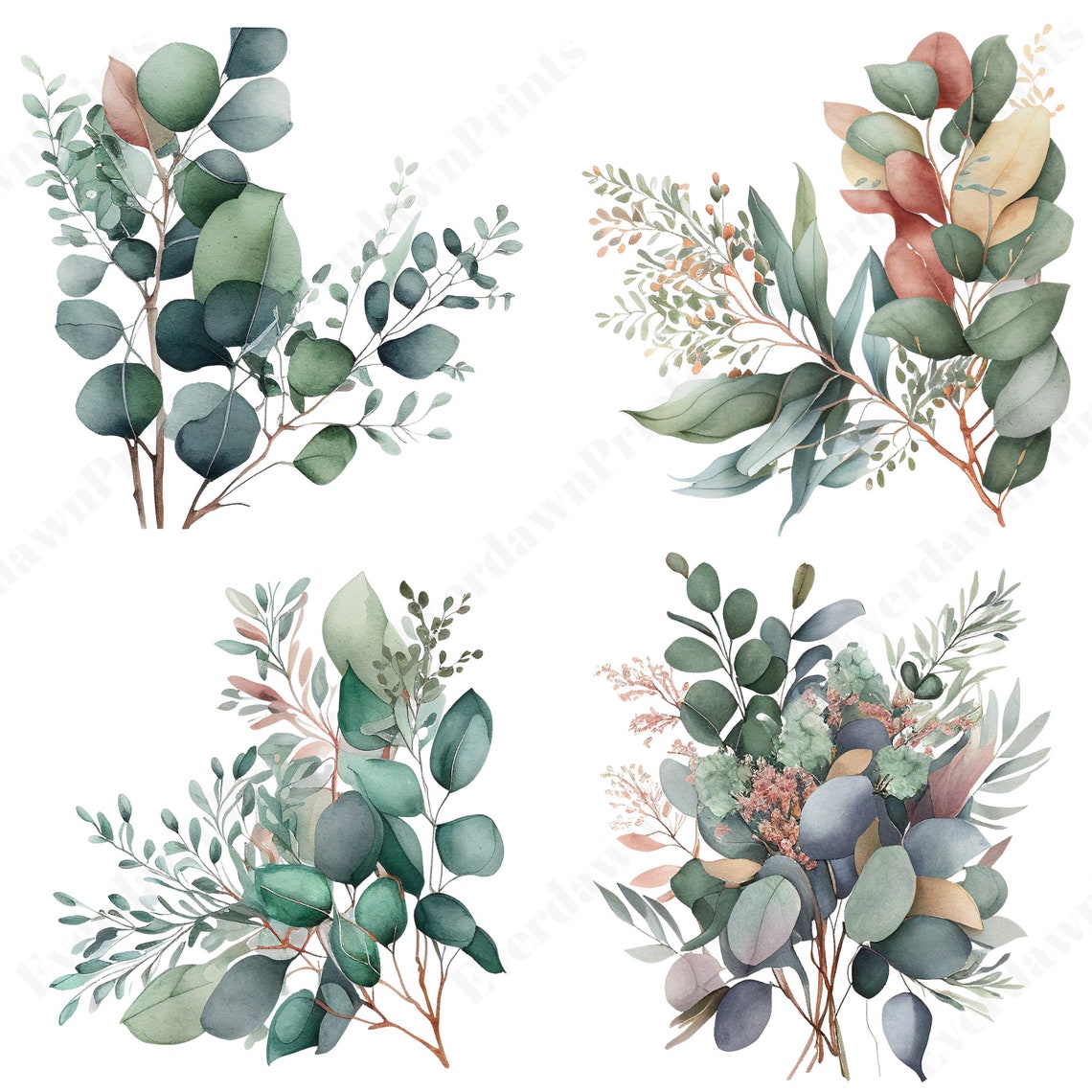 30 Watercolor Greenery Eucalyptus Clipart, Eucalyptus Bouquet, Greenery ...
