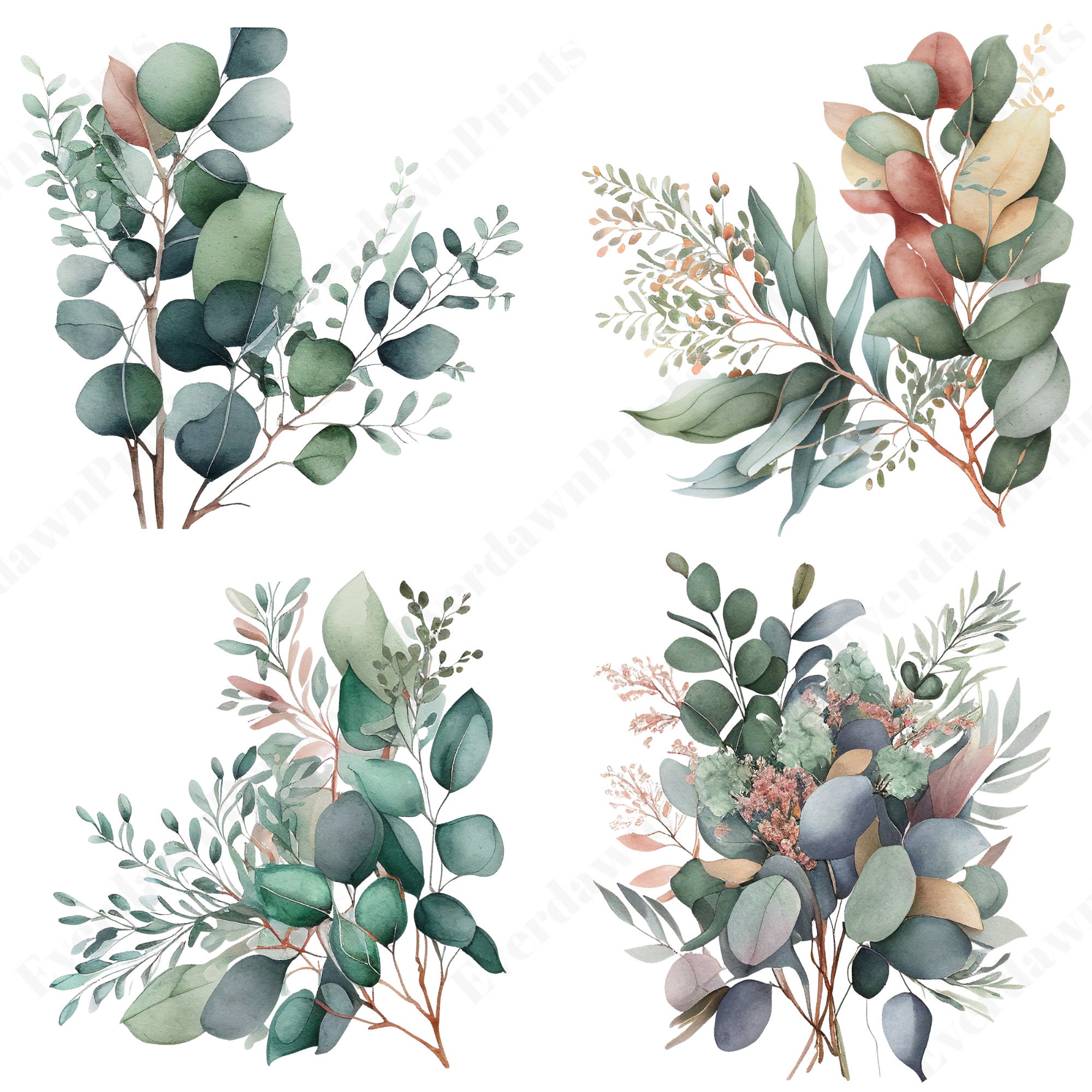 30 Watercolor Greenery Eucalyptus Clipart, Eucalyptus Bouquet, Greenery ...