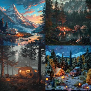 24 Camping Adventure Clipart, Retro Car and Tent in Forest, Nighttime ...