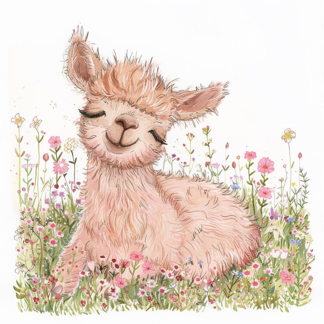 24 Cute Alpaca Clipart, Watercolor Animal Art, Flower Meadow ...
