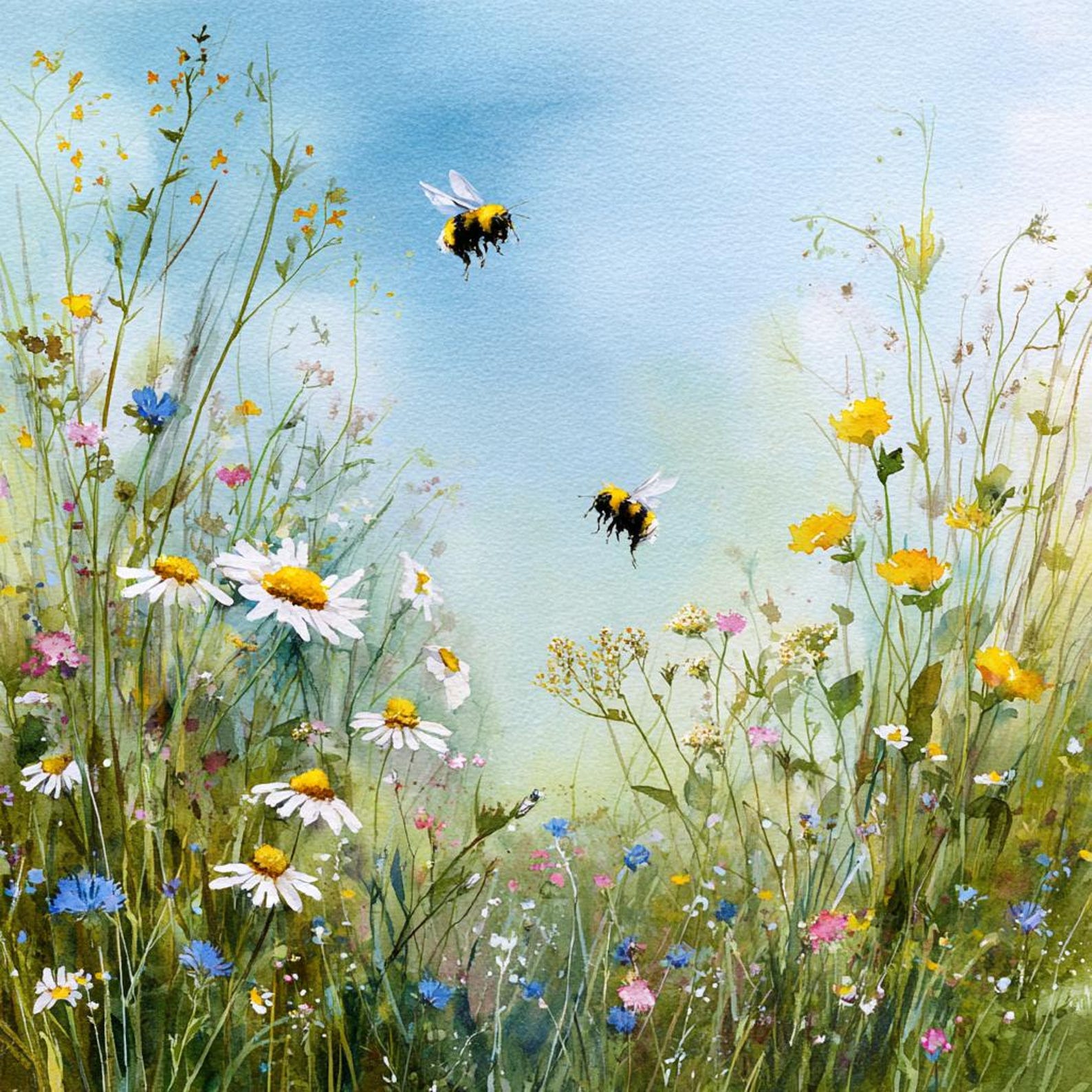 24 Bees and Flowers Clipart, Watercolor Meadow Clipart, Floral Graphics ...