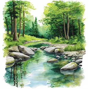 24 Forest Stream Watercolor Clipart, Watercolor Forest Background, High ...