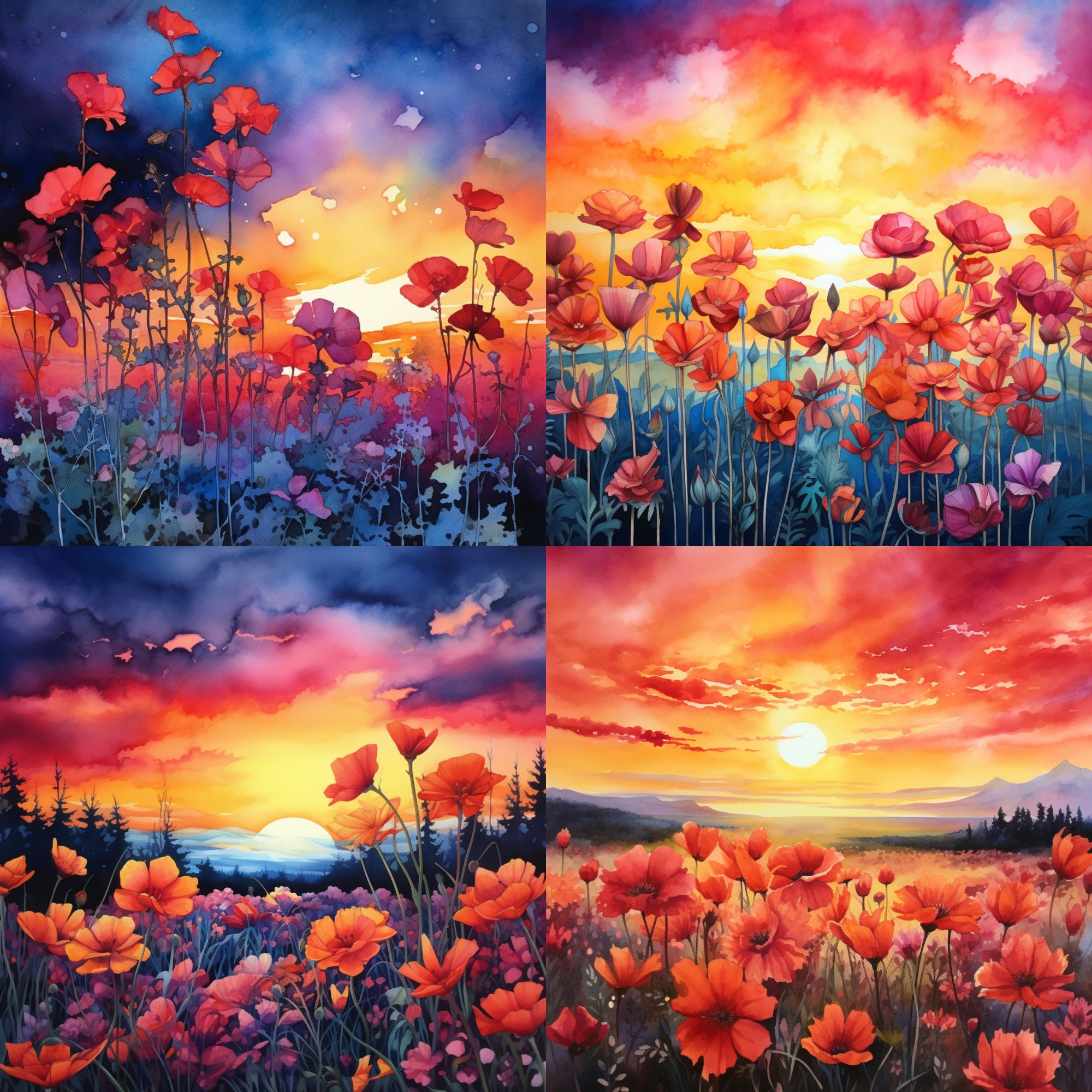 24 Watercolor Sunset Floral Clipart, Watercolor Flowers Clipart, High ...