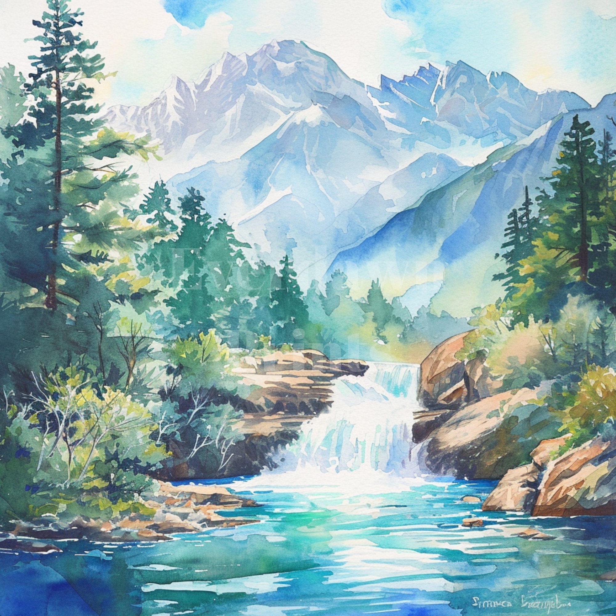 24 Trees Near River and Mountains Watercolor Clipart Foggy Forest ...