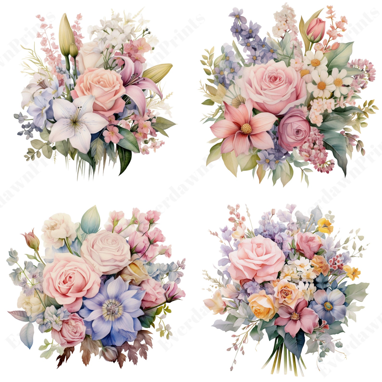 35 Watercolor Pastel Flowers Bouquet Clipart, High Quality Transparent ...