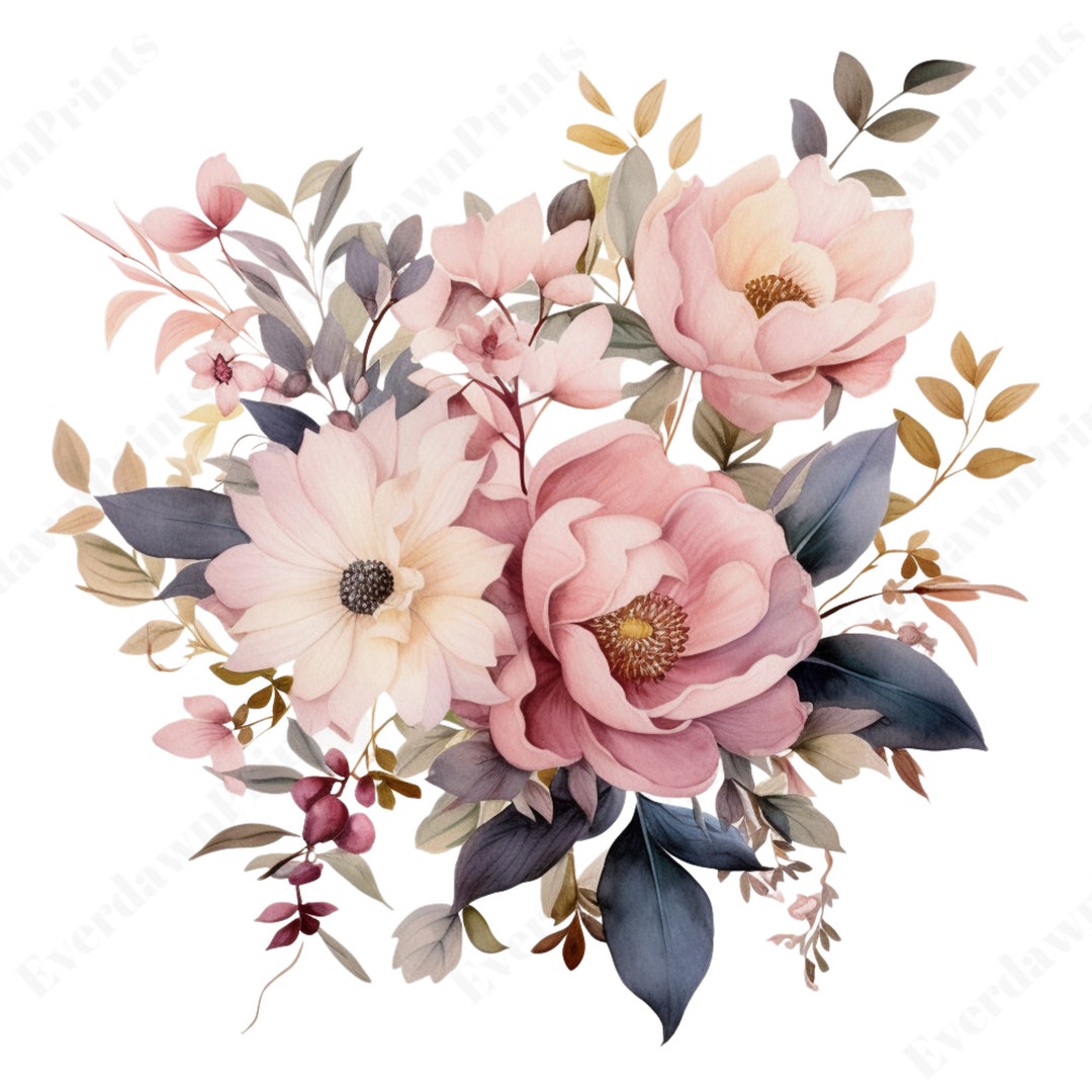27 Boho Roses Bouquets Clipart, Boho Flower PNG, Dusty Pink Watercolor ...
