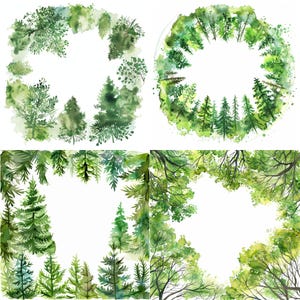 24 Watercolor Nature Clipart, Green Forest Trees Clip Art, Hand Painted ...