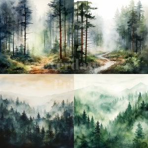 Watercolor Foggy Forest Clipart, Misty Forest Watercolor, Digital ...