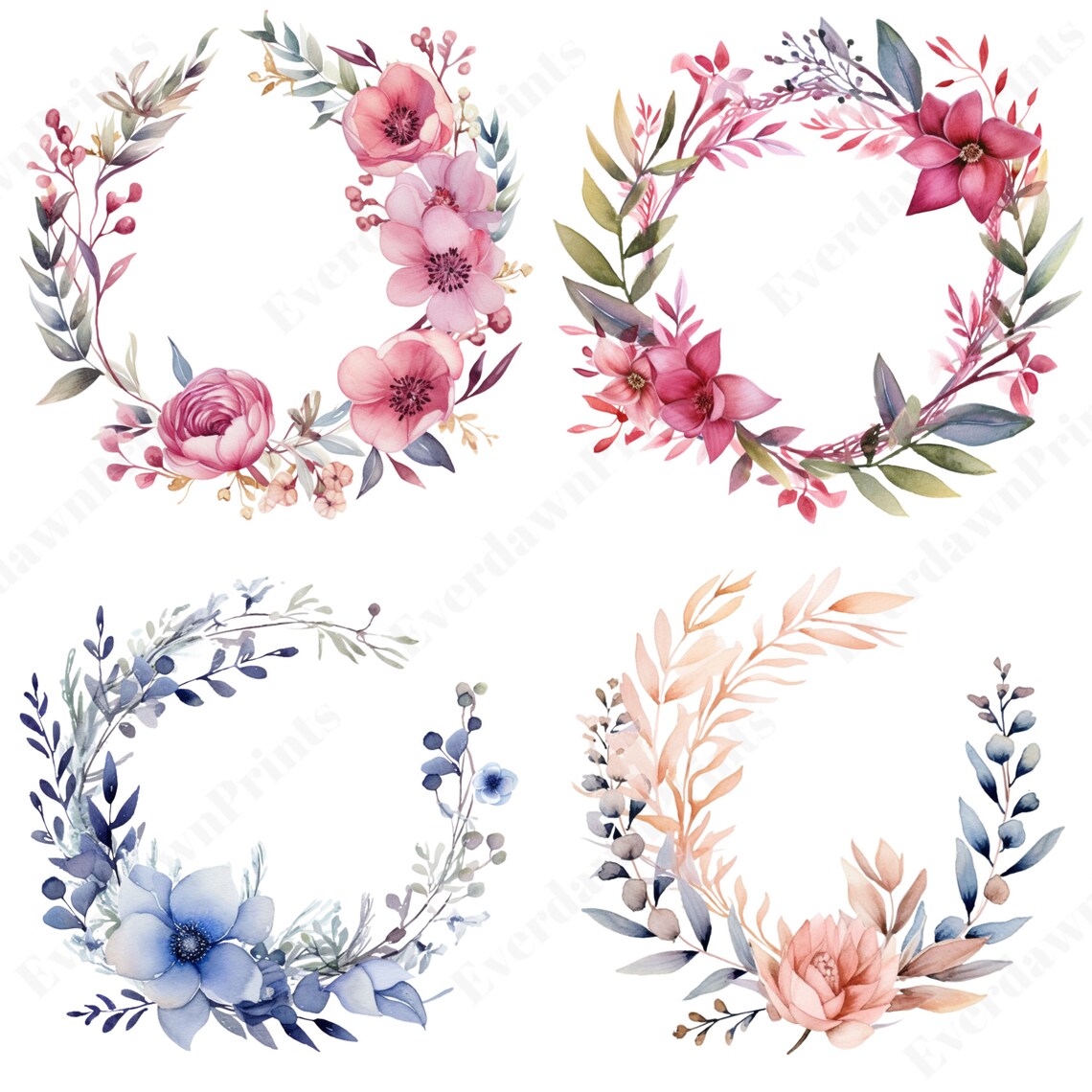 34 Flower Wreath Clipart, Flowers Arrangements, Watercolor Rustic ...