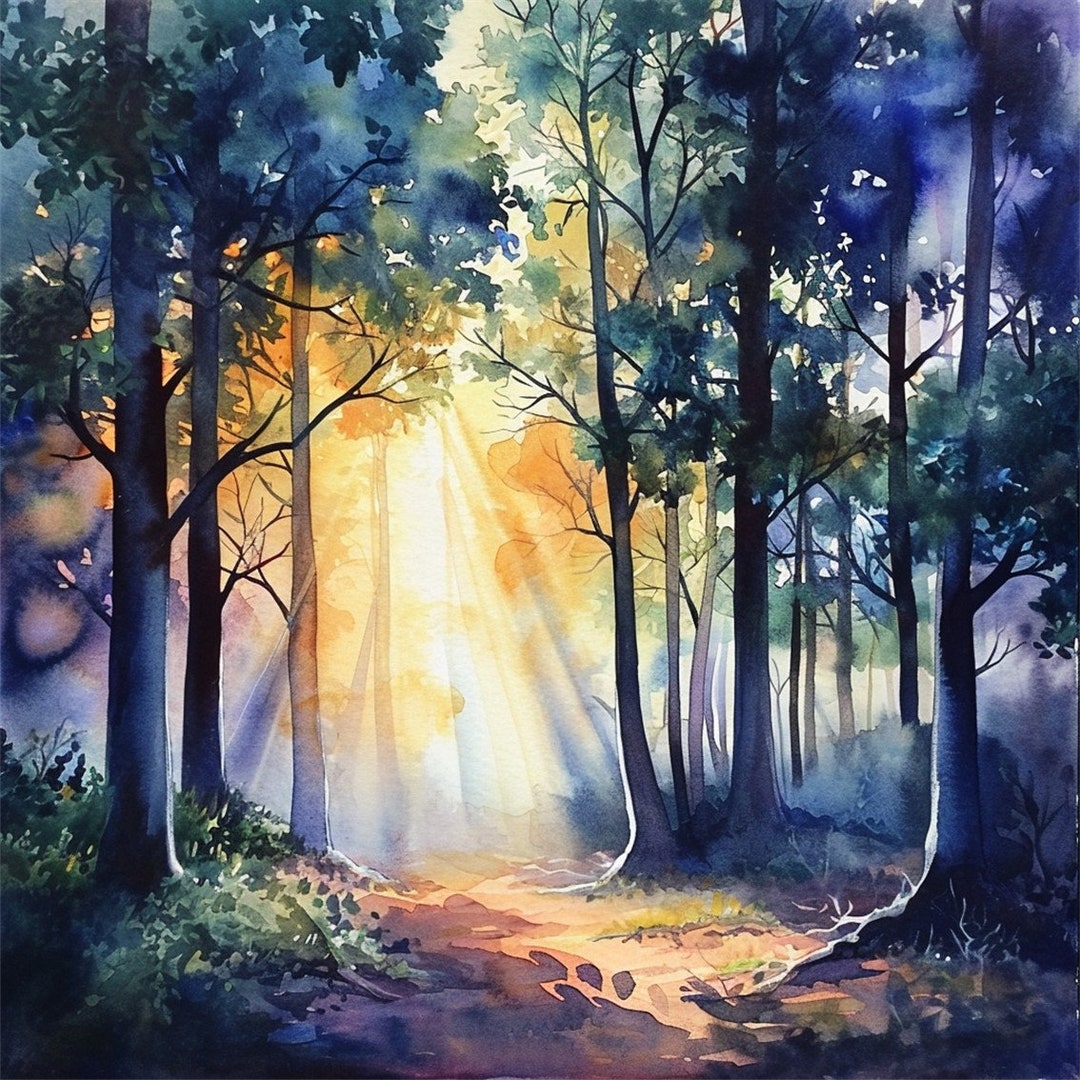 32 Sunrise in a Forest Watercolor Clipart Watercolor Forest Background ...