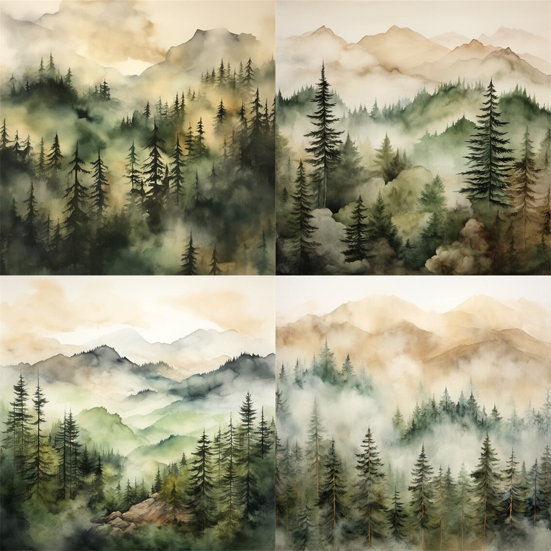 36 Misty Mountain Forest Landscape, Watercolor Forest Background, High ...
