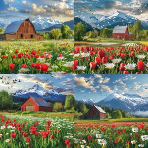 24 Scenic Farm Spring Flowers Clipart, Farmhouse in Spring, Mountain ...