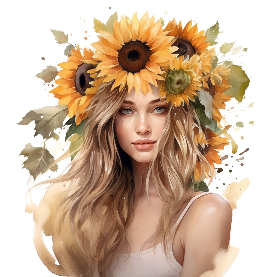 22 Watercolor Sunflower Princess Clipart, Autumn Girl, Sunflower, PNG ...