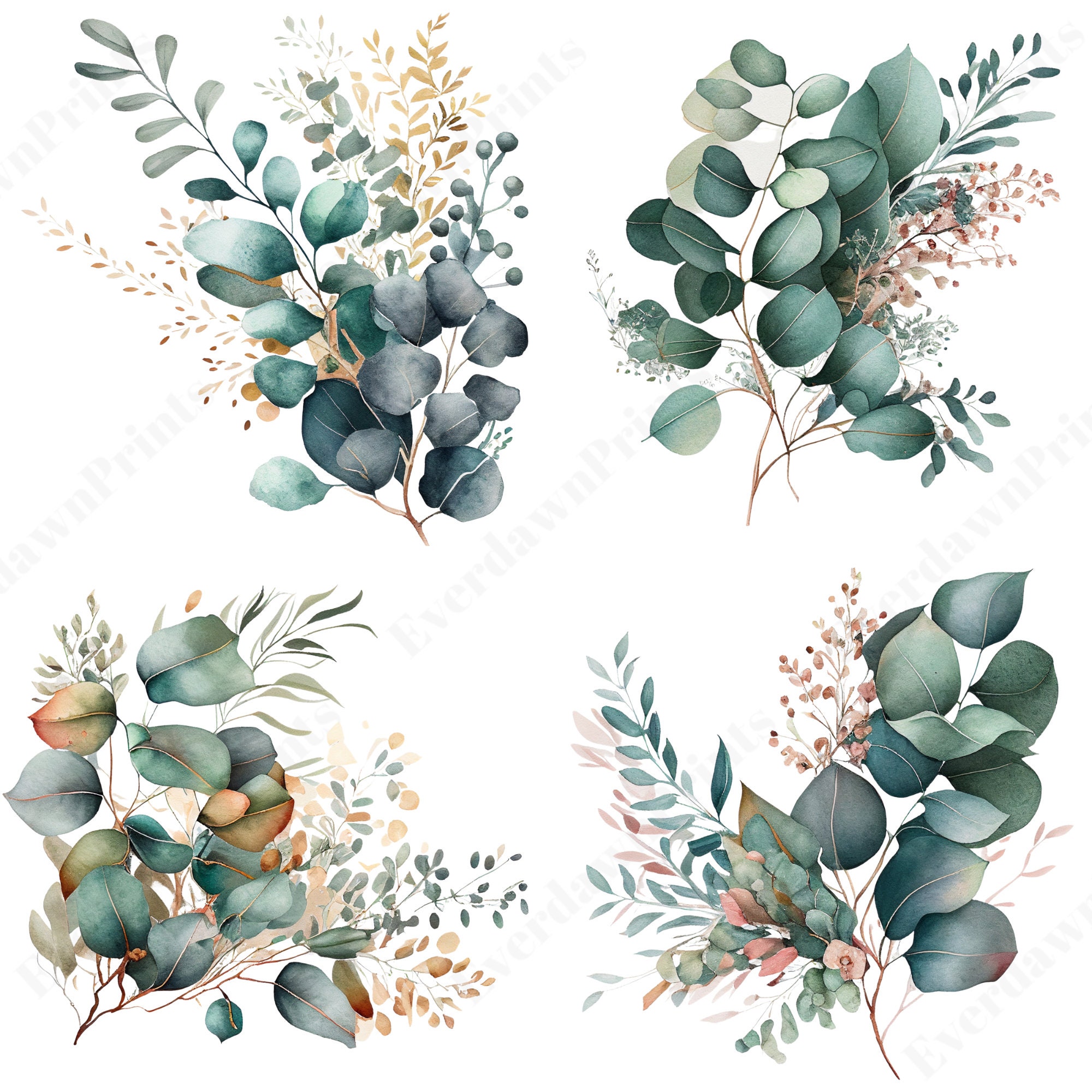 30 Watercolor Greenery Eucalyptus Clipart, Eucalyptus Bouquet, Greenery ...