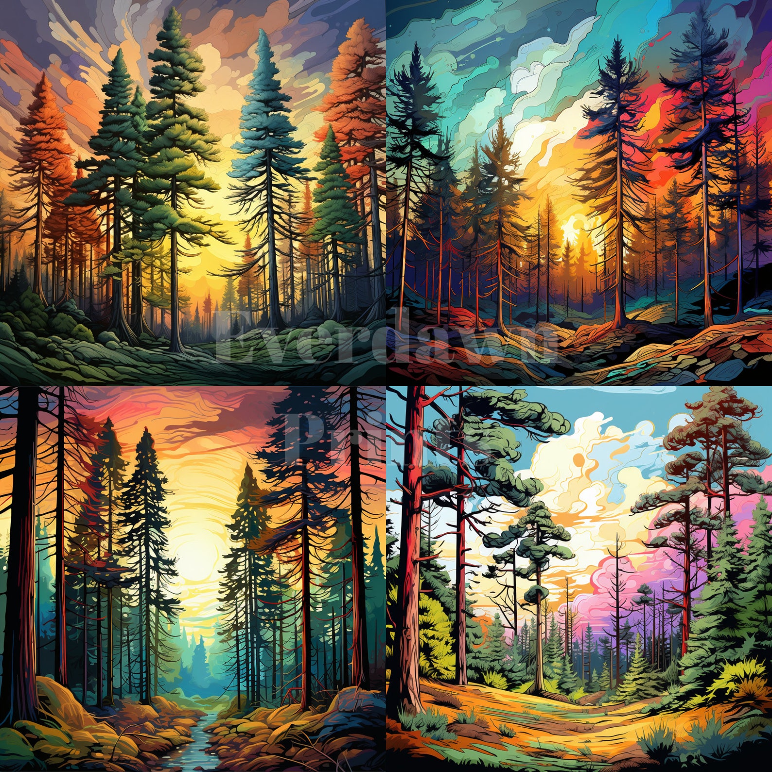 32 Colorful Pine Trees Watercolor Clipart Watercolor Forest Background ...