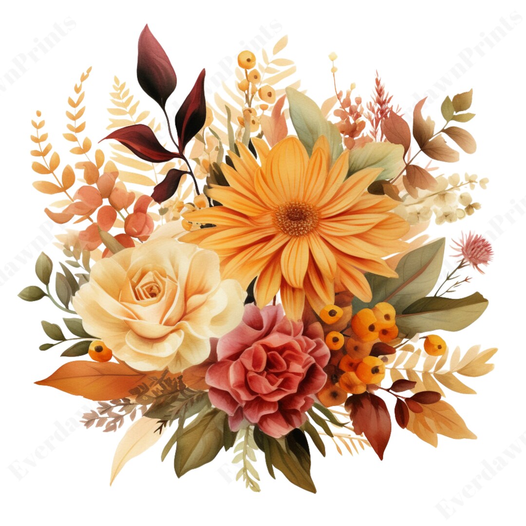 32 Watercolor Flower, Transparent Autumn Flowers, Boho Flower PNG, Fall ...