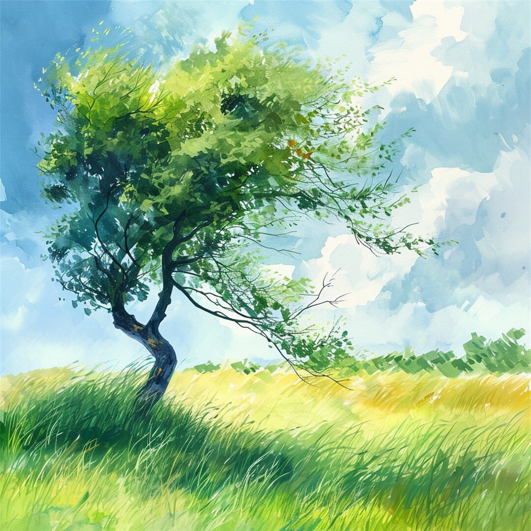 24 Digital Watercolor Landscape Painting, Spring Tree Artwork ...