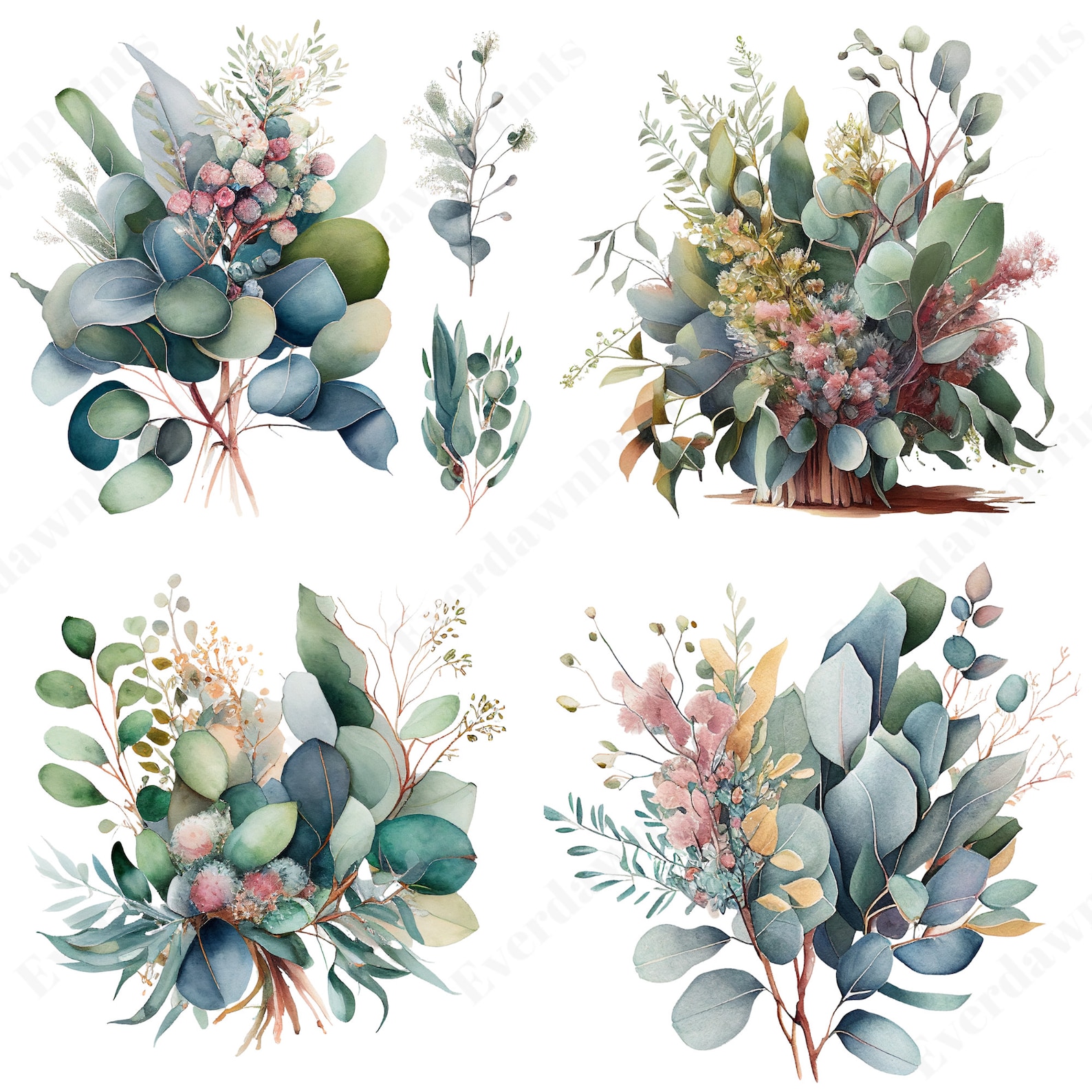 30 Watercolor Greenery Eucalyptus Clipart, Eucalyptus Bouquet, Greenery ...