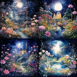26 Watercolor Mystical Moonlit Garden Clipart, Moonlight Clipart, High ...