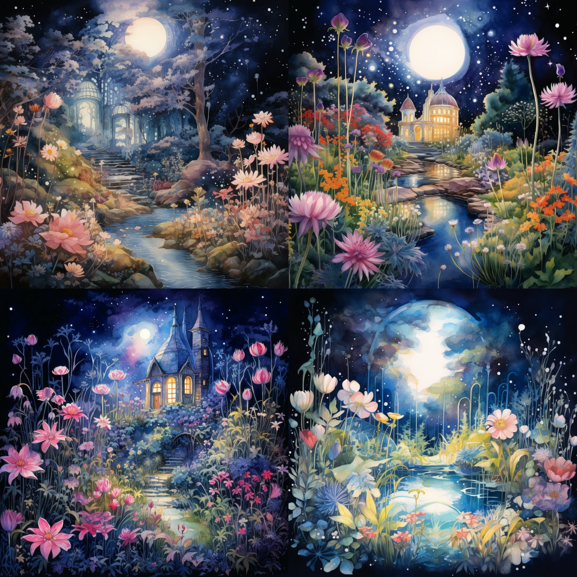 26 Watercolor Mystical Moonlit Garden Clipart, Moonlight Clipart, High ...