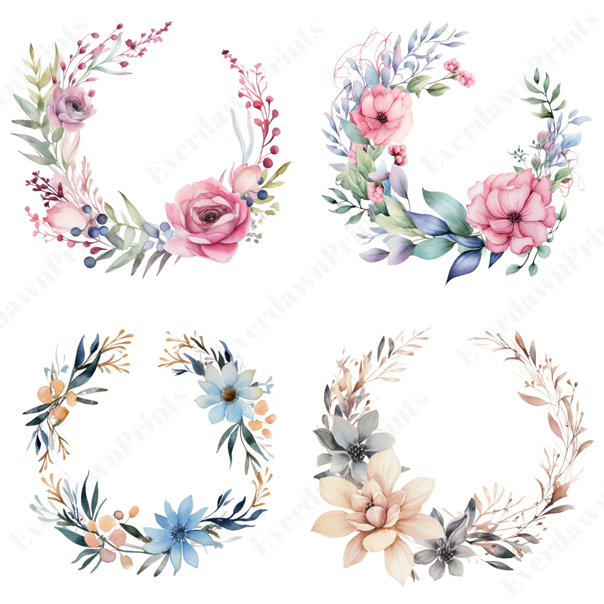34 Flower Wreath Clipart, Flowers Arrangements, Watercolor Rustic ...