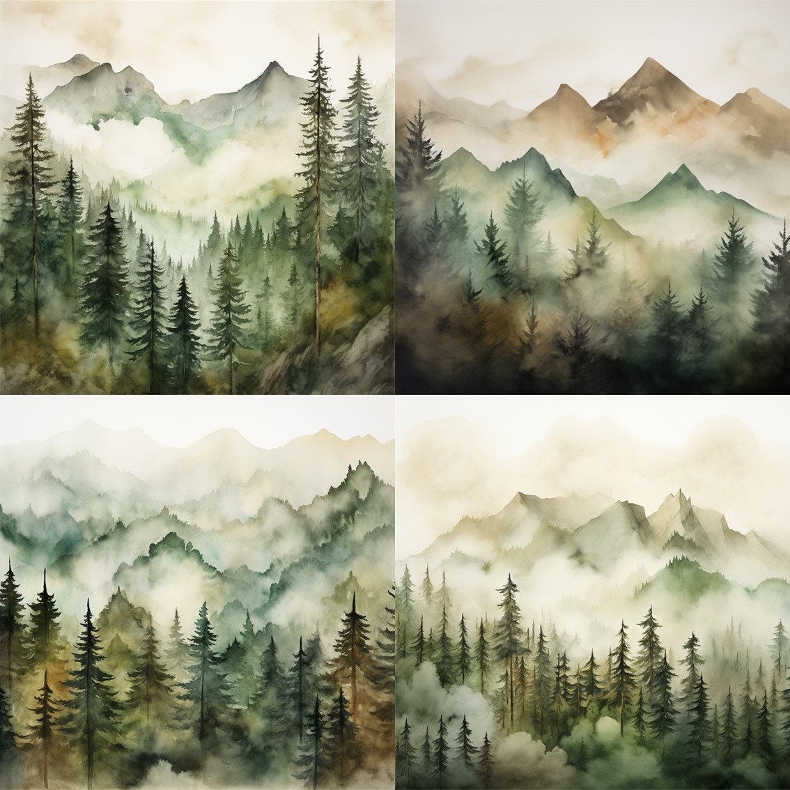 36 Misty Mountain Forest Landscape, Watercolor Forest Background, High ...