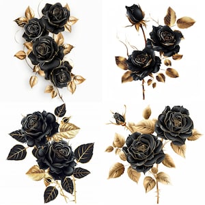 24 Black and Gold Rose Clipart, Floral Design Clipart, Digital Flower ...