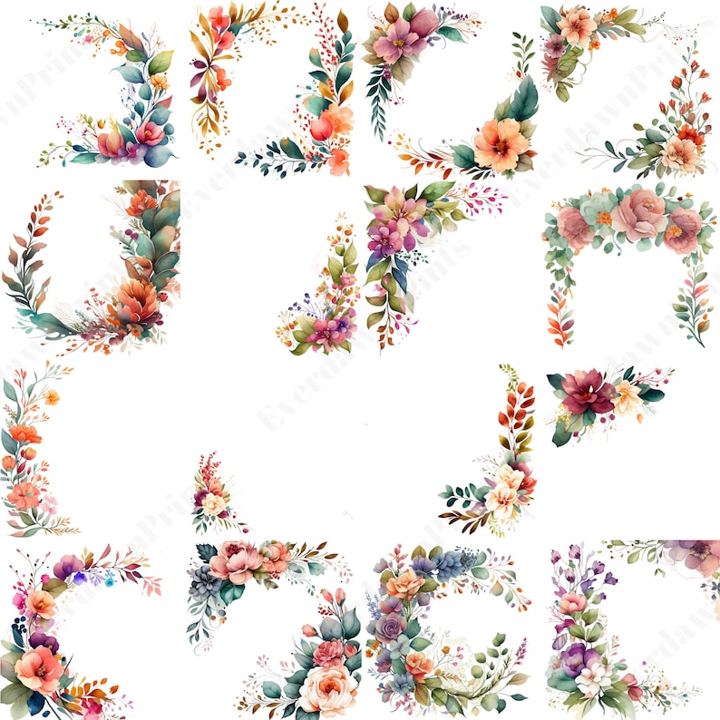 87 Watercolor Floral Borders Set 2, Wild Floral Clipart, High Quality ...